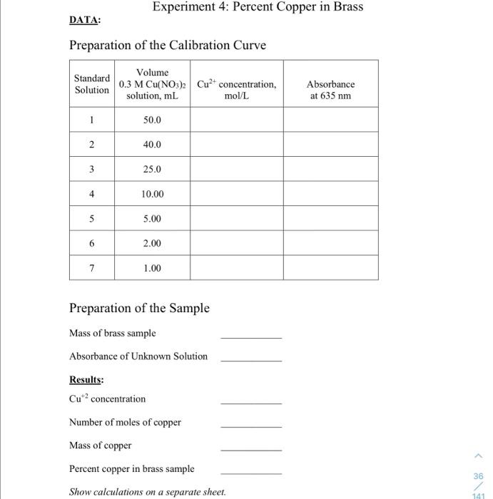 Experiment 4: Percent Copper in Brass DATA: | Chegg.com