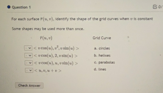 Solved Question 10For each surface ?bar (r)(u,v), ﻿identify | Chegg.com