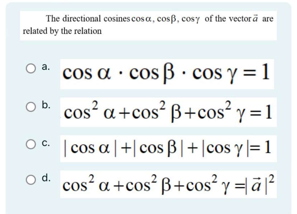 Solved The directional cosines cosα,cosβ,cosγ ﻿of the vector | Chegg.com