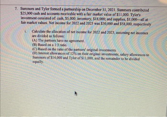 Solved 7. Summers and Tyler formed a partnership on December | Chegg.com