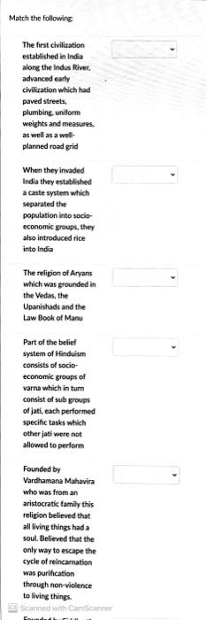 Match the following: The first civilization | Chegg.com