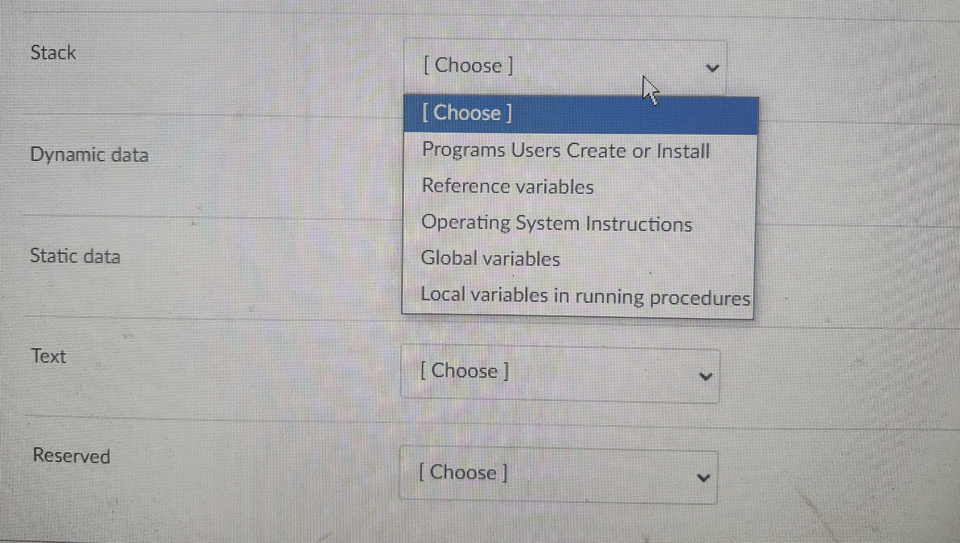 Solved Stack[ ﻿Choose ][Choose ]Dynamic dataStatic | Chegg.com