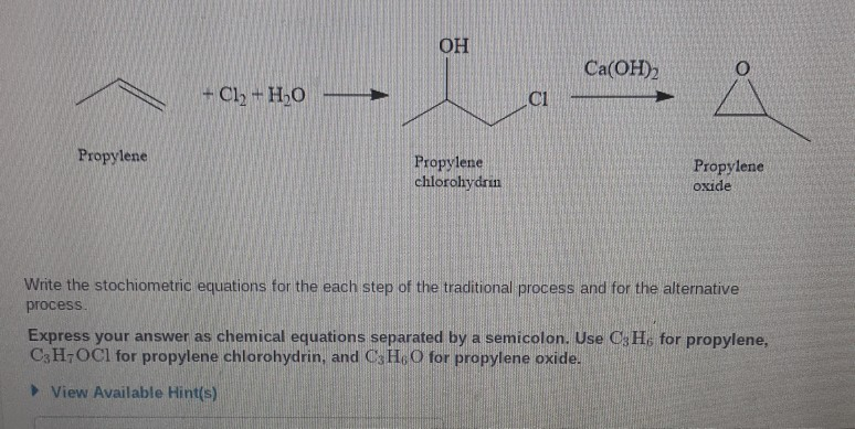 Solved OH Ca(OH)2 10 – ☺ a Carot) Å + Cl2 + H2O Propylene | Chegg.com