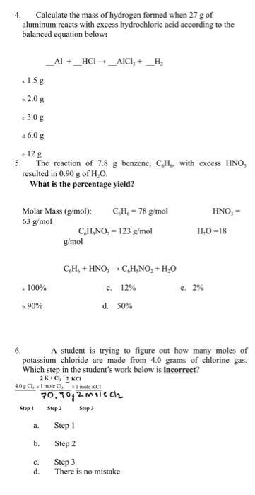Solved 4. Calculate the mass of hydrogen formed when 27 g of | Chegg.com