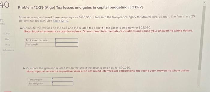 Solved Problem 12-29 (Algo) Tax losses and gains in capital | Chegg.com