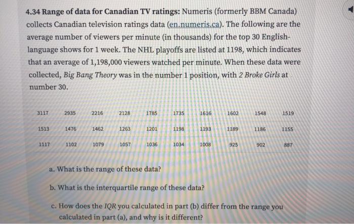 Solved 4.34 Range of data for Canadian TV ratings: Numeris | Chegg.com
