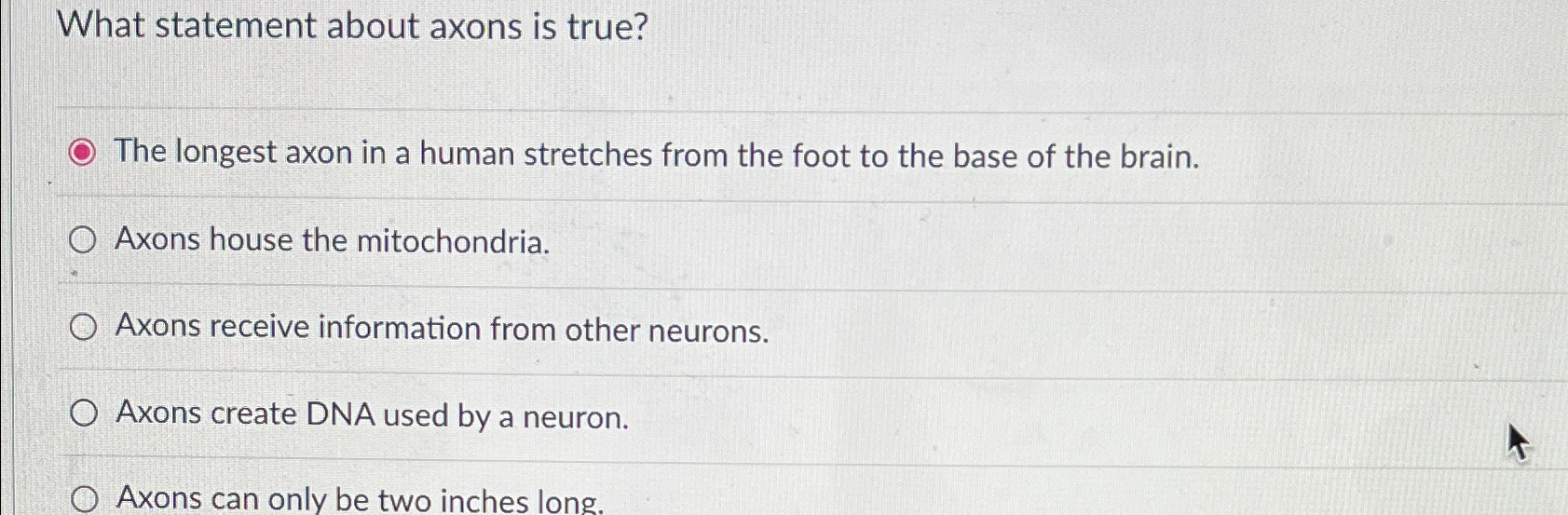 Solved What statement about axons is true?The longest axon | Chegg.com