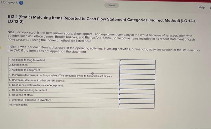 Solved E12-1 (Static) Matching Items Reported to Cash Flow | Chegg.com