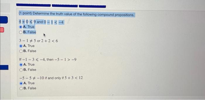 Solved (1 point) Determine the truth value of the following | Chegg.com