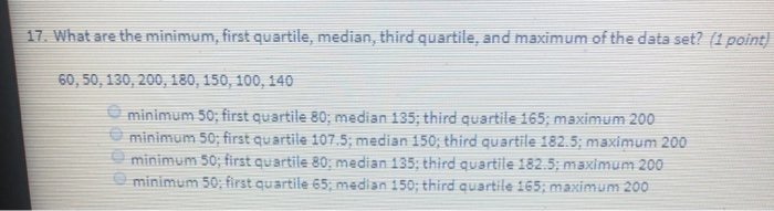 Solved 17. What are the minimum, first quartile, median, | Chegg.com