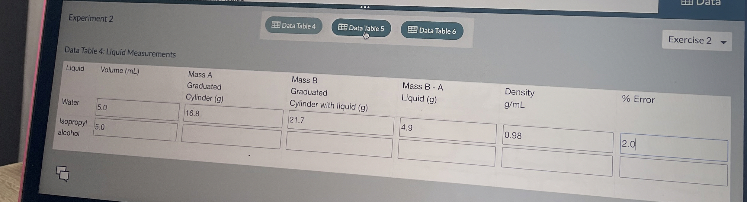 Solved Experiment 2 ﻿data Table 5exercise 2data Table 4 4712