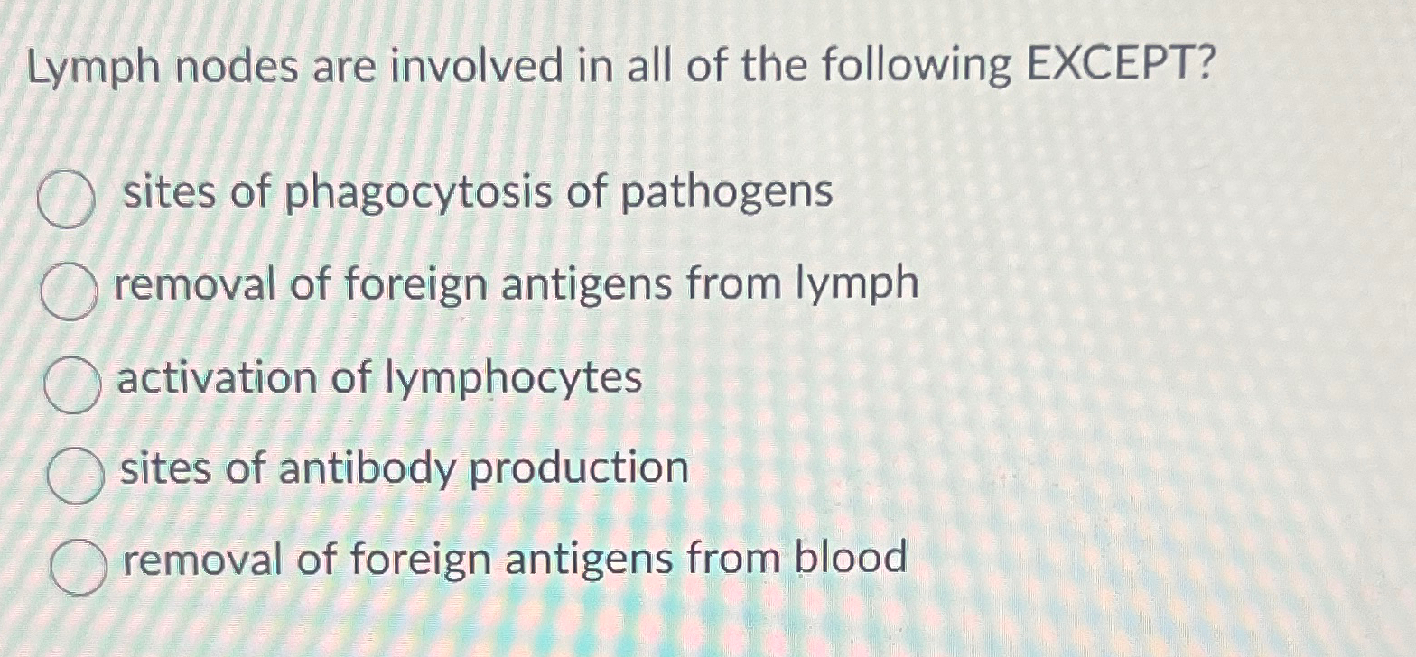 Solved Lymph nodes are involved in all of the following | Chegg.com