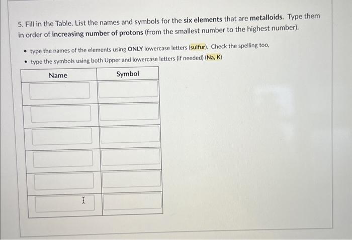 Solved 5. Fill in the Table. List the names and symbols for | Chegg.com