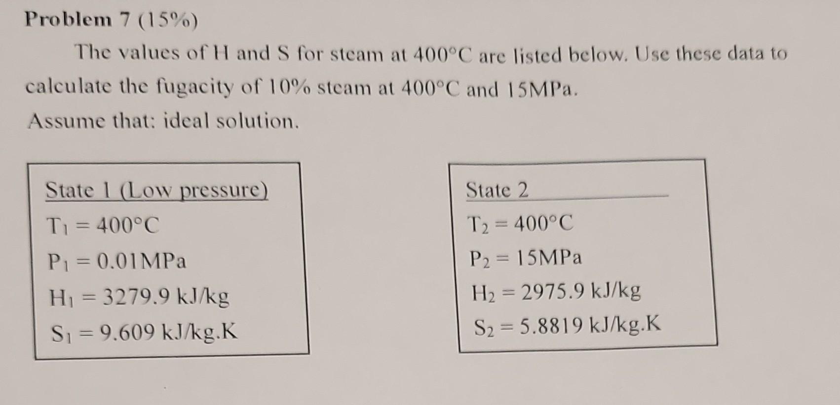Solved Problem 7(15%) The values of H and S for steam at | Chegg.com
