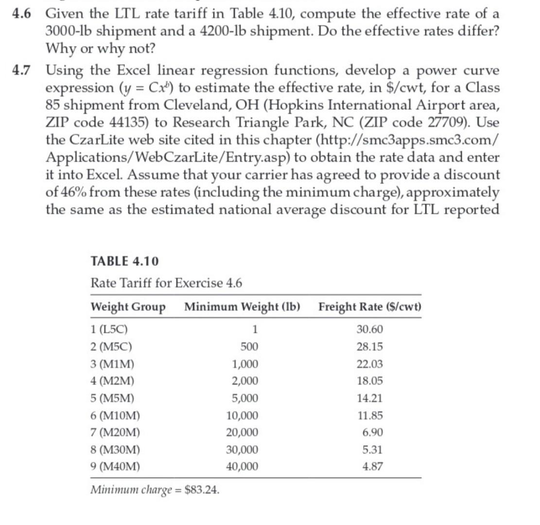 Solved 4.6 Given the LTL rate tariff in Table 4.10 , compute | Chegg.com