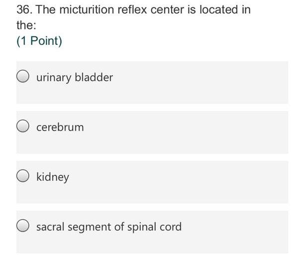 Solved 36. The micturition reflex center is located in the: | Chegg.com