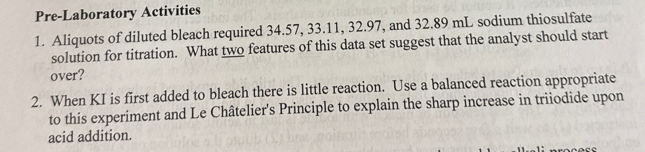Solved Pre-Laboratory ActivitiesAliquots of diluted bleach | Chegg.com