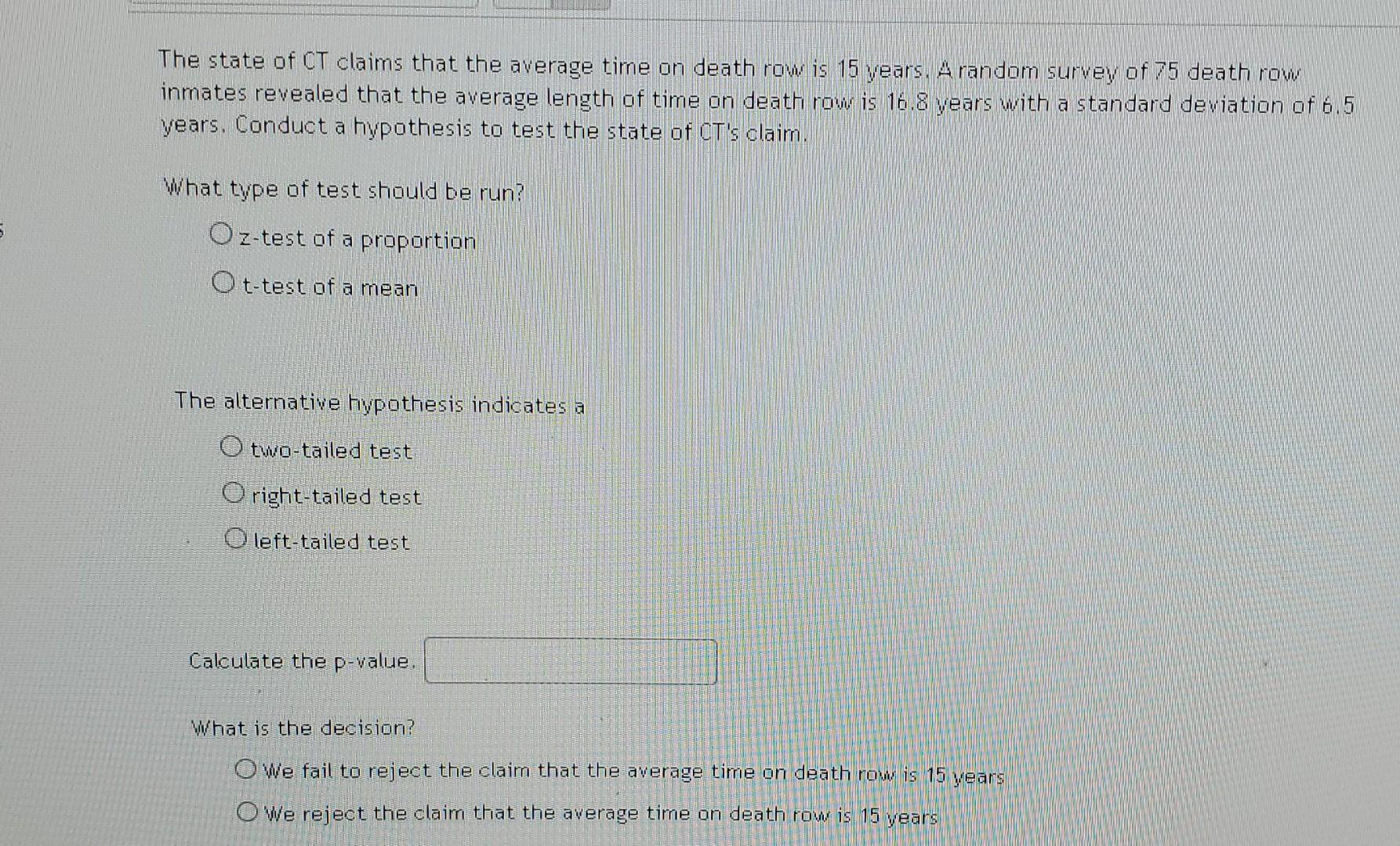 Solved The state of CT claims that the average time on death | Chegg.com
