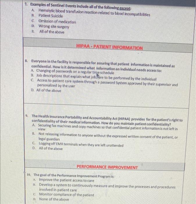 Solved 7. Examples of Sentinel Events include all of the | Chegg.com