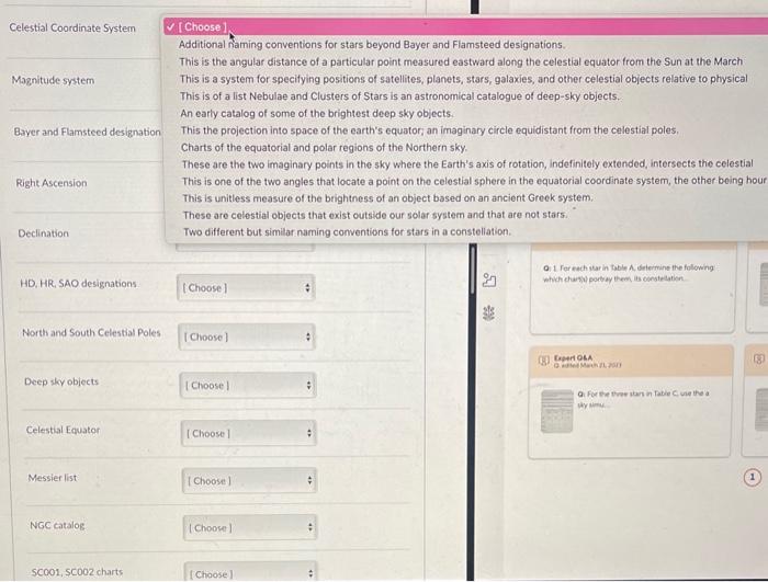 Celestial Coordinate System f Choose ] Additional | Chegg.com