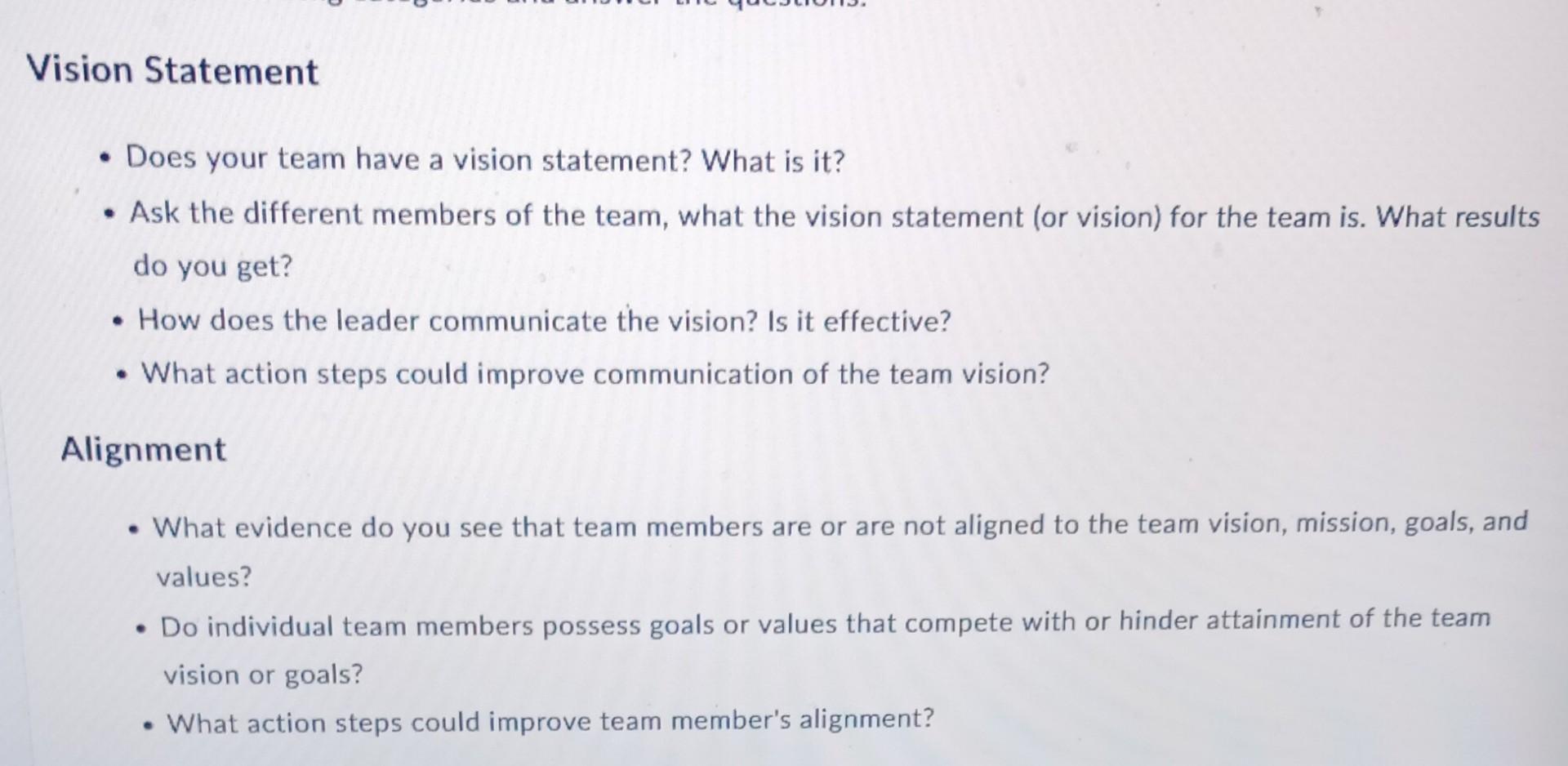 Solved - Does your team have a vision statement? What is it? | Chegg.com