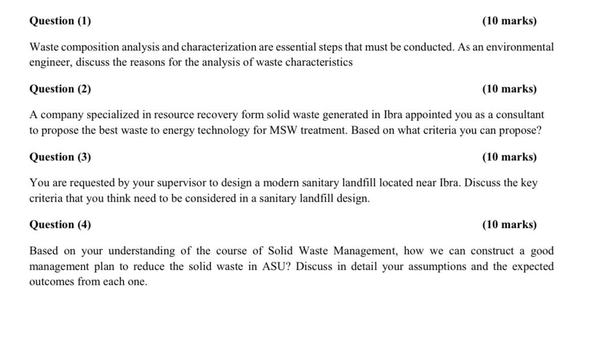 Solved Question (1)(10 ﻿marks)Waste composition analysis and | Chegg.com