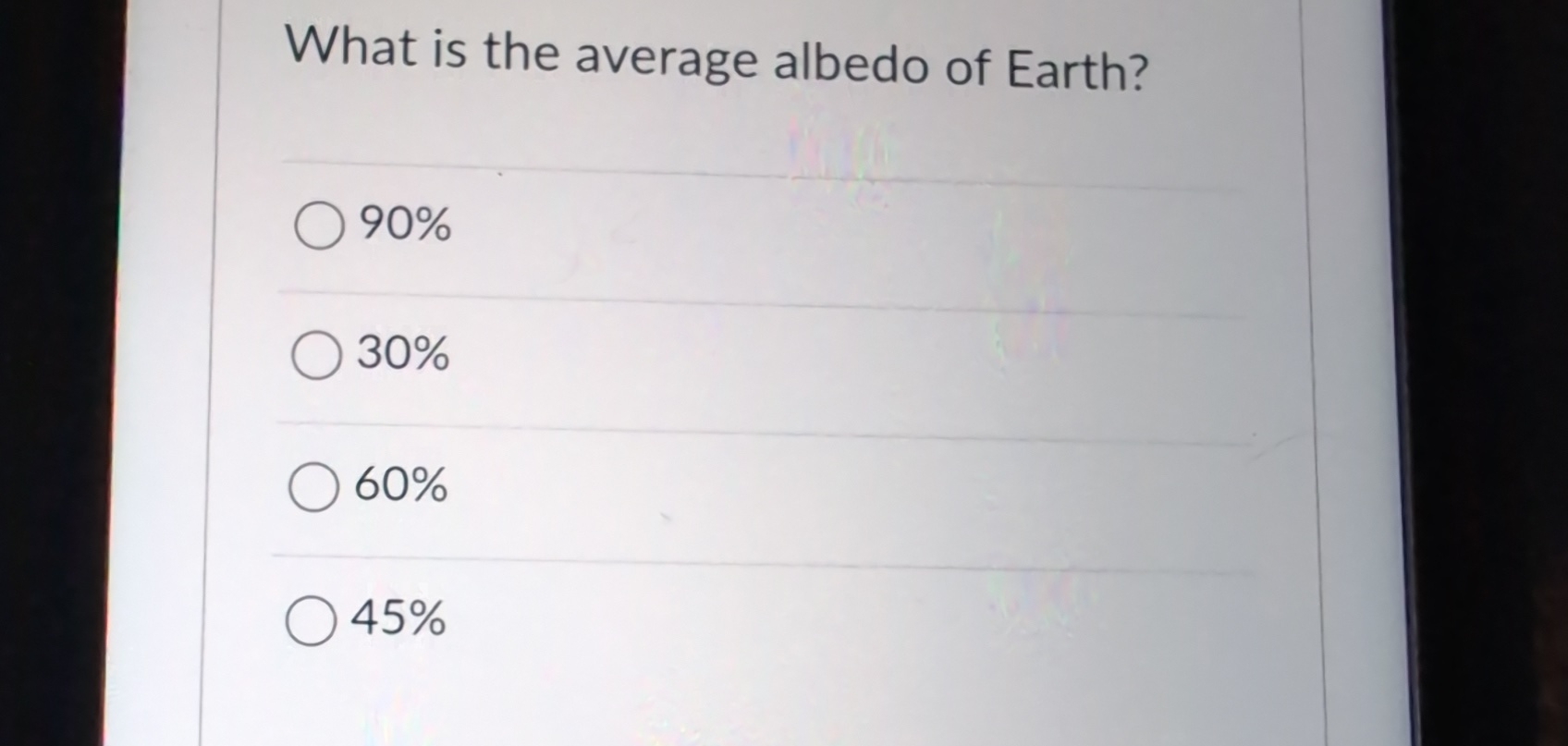 Solved What is the average albedo of Earth?90%30%60%45% | Chegg.com