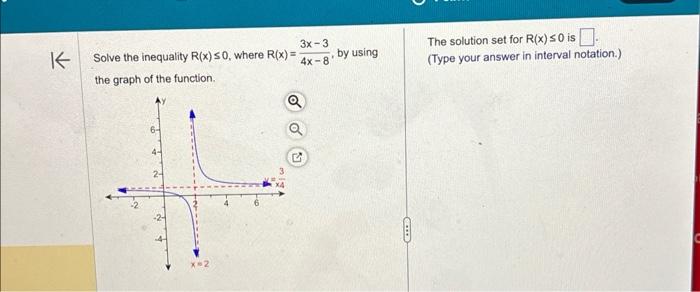 Solved Solve the inequality R(x)≤0, where R(x)=4x−83x−3, by | Chegg.com