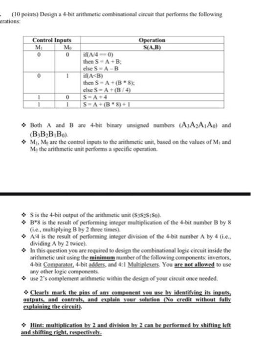 (10 points) Design a 4-bit arithmetic combinational | Chegg.com