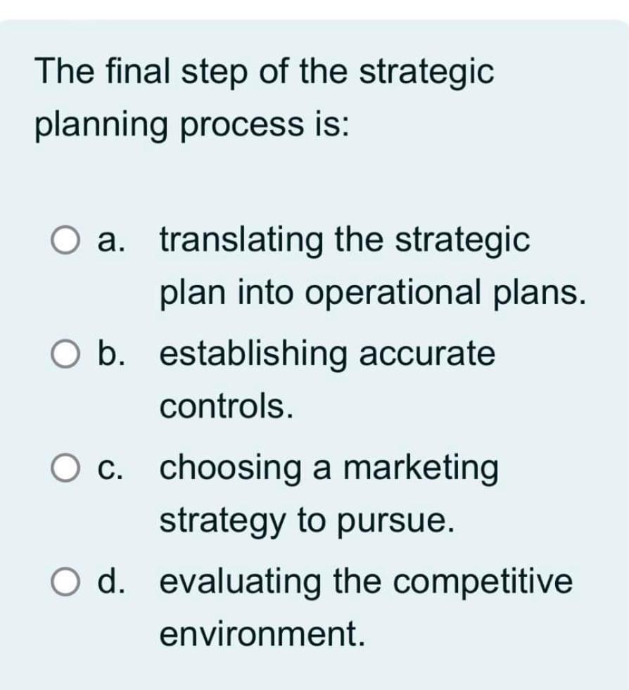 Solved The final step of the strategic planning process | Chegg.com