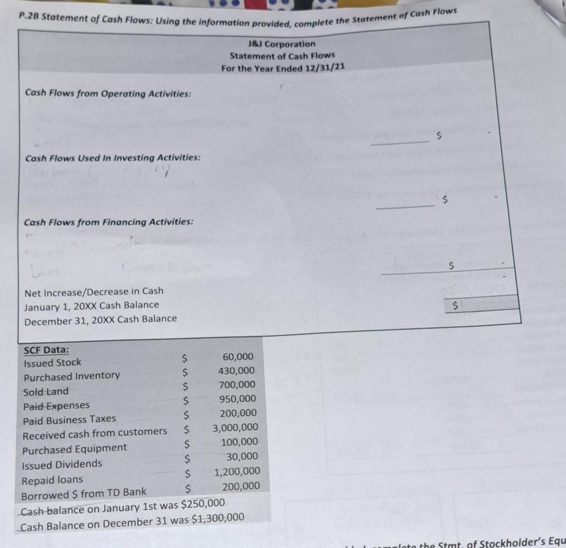 Solved P.2B Statement of Cash Flows: Using the information | Chegg.com