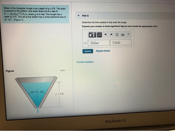 Solved Water in the triangular trough is at a depth of y = 3 | Chegg.com