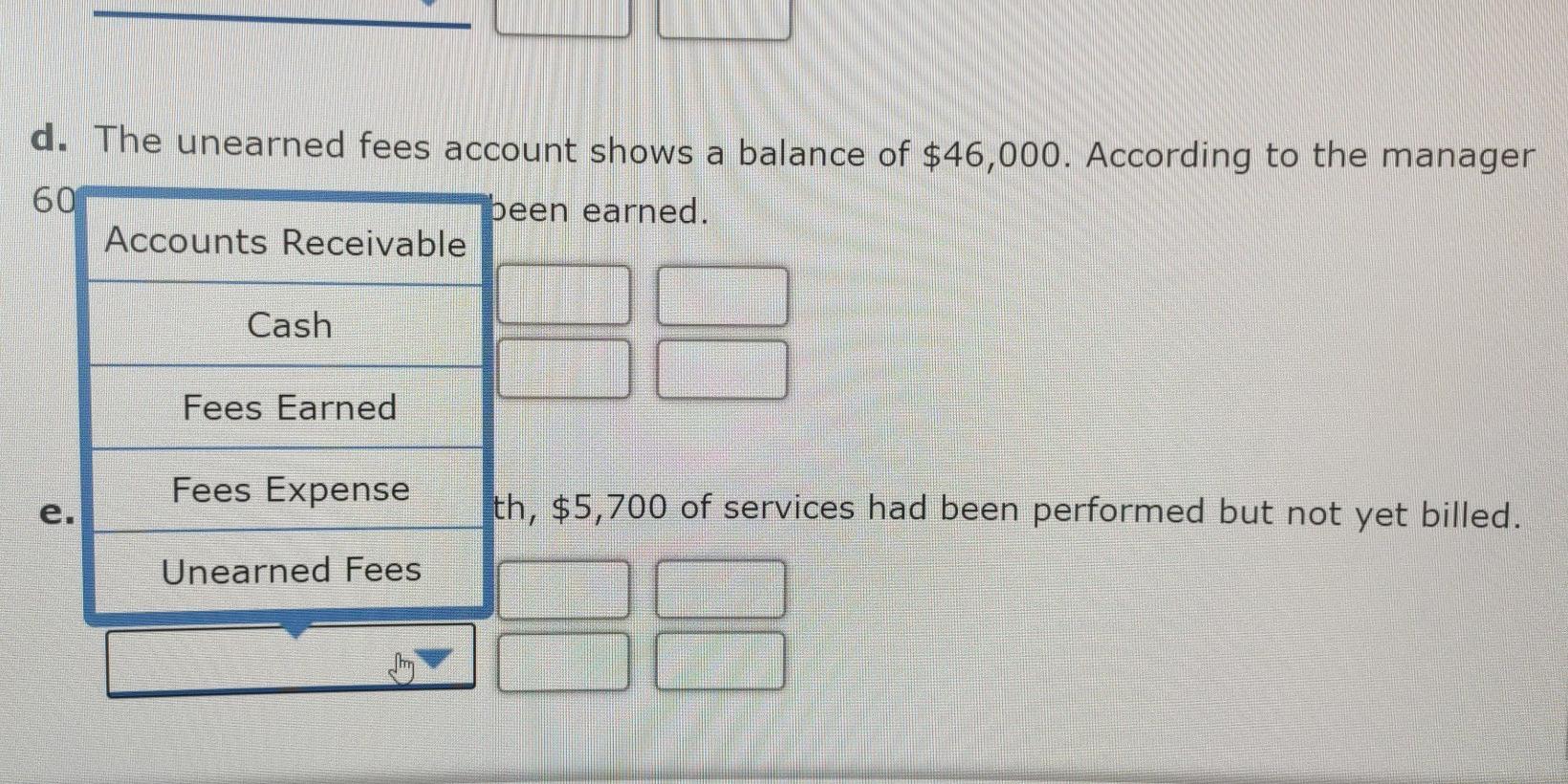 Solved d. The unearned fees account shows a balance of | Chegg.com