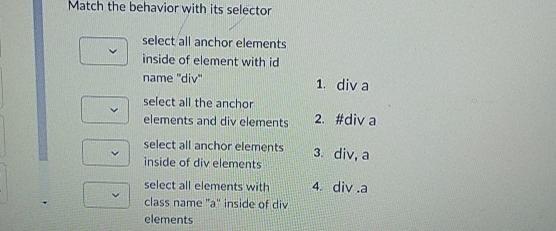 Solved Match the behavior with its selectorselect all anchor | Chegg.com