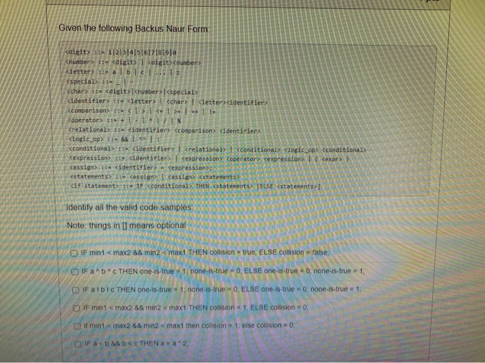 Solved Given the following Backus Naur Form : | Chegg.com
