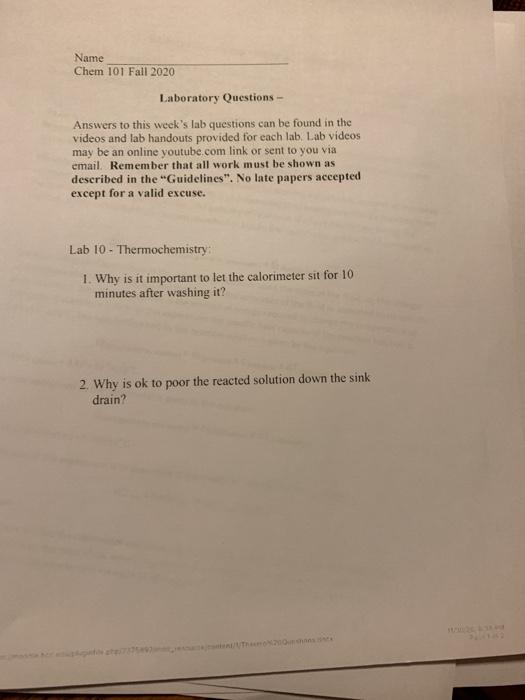 Solved Name Chem 101 Fall 2020 Laboratory Questions - | Chegg.com Solved Name Chem 101 Fall 2020 Laboratory Questions - | Chegg.com