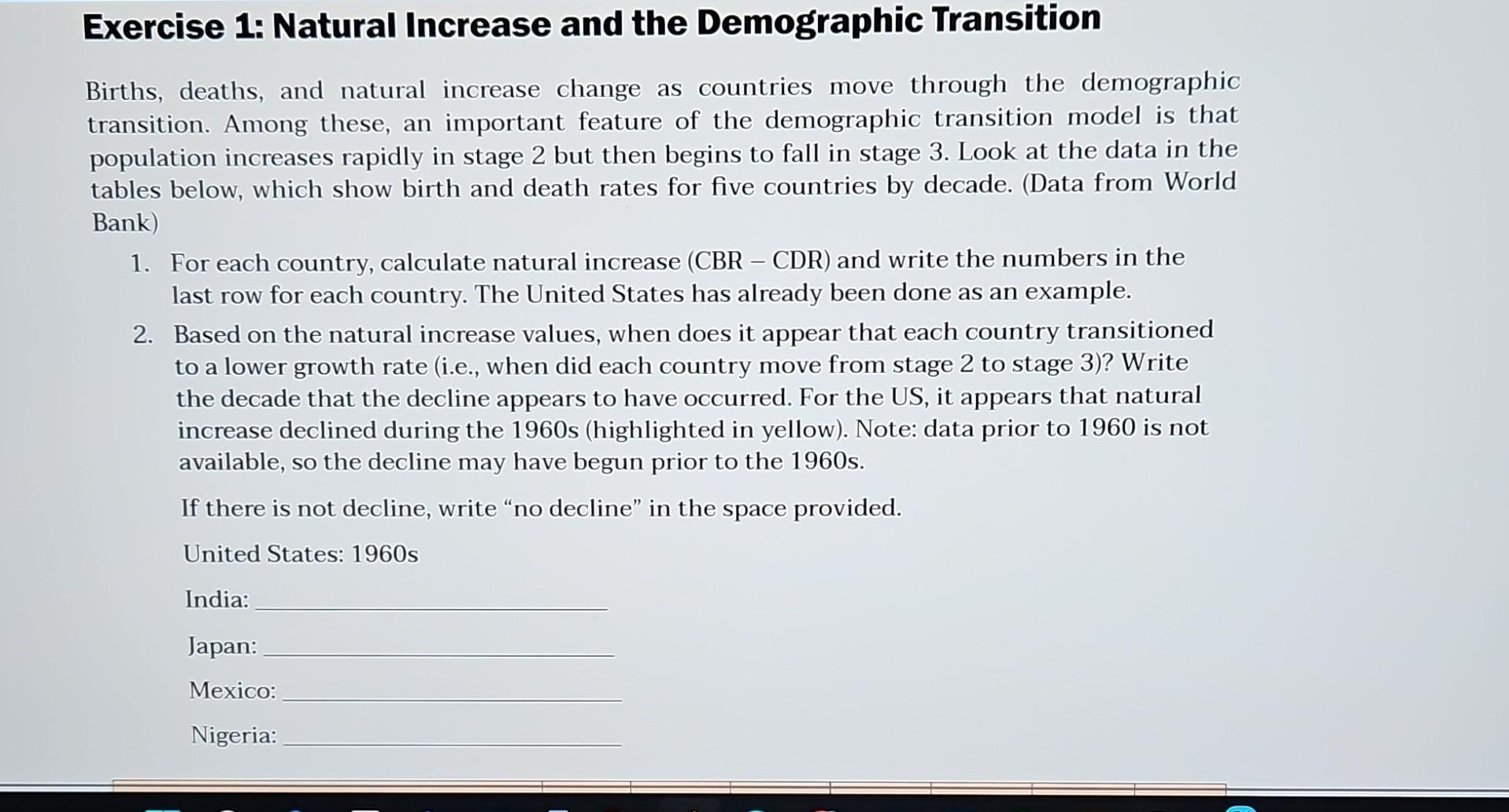 Solved Exercise 1: Natural Increase and the Demographic | Chegg.com