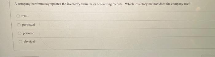 Solved A company continuously updates the inventory value in | Chegg.com