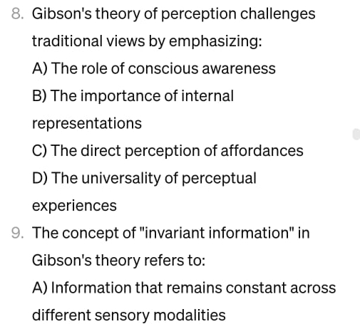 Solved Gibson's theory of perception challenges traditional | Chegg.com