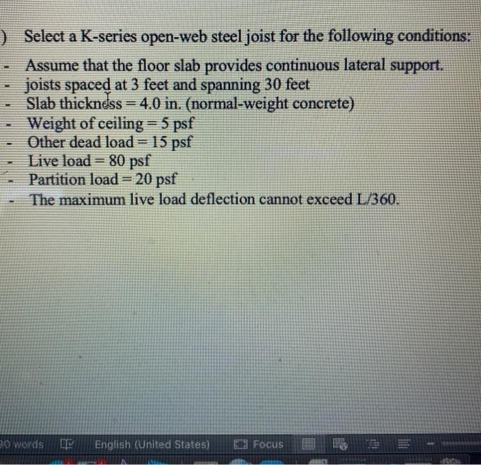 Solved ) Select a K-series open-web steel joist for the | Chegg.com
