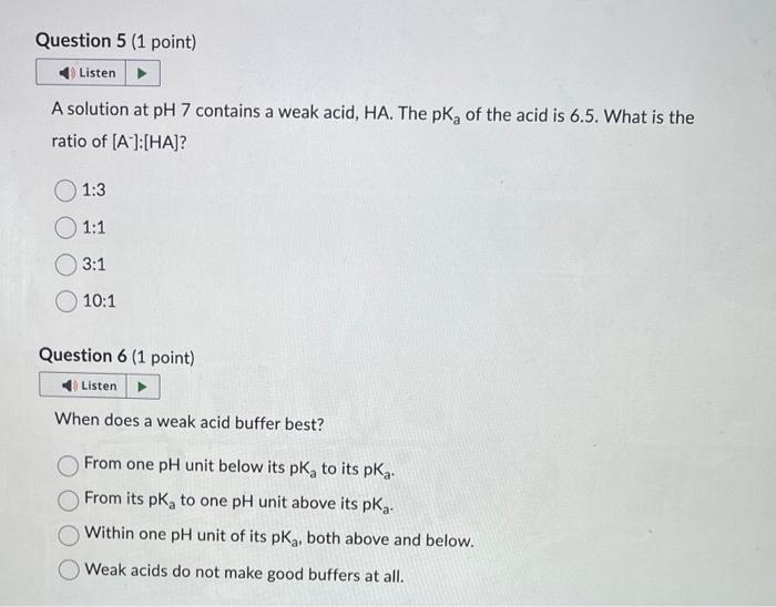 Solved A buffer solution at pH10 has a ratio of [HA]/[A−]of | Chegg.com