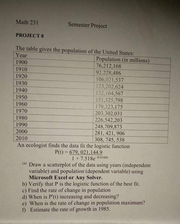 Solved Math 231 Semester Project PROJECT 8 The table gives | Chegg.com