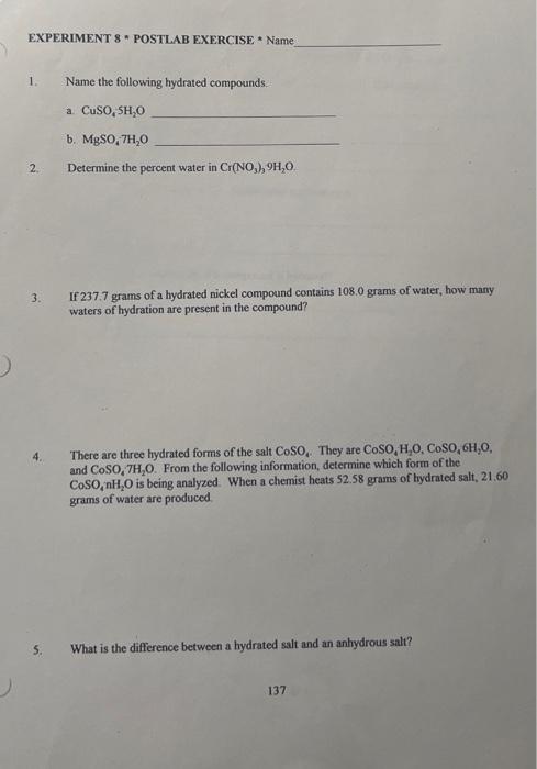 Solved EXPERIMENT 8 * PRELAB EXERCISE * Name 1. What | Chegg.com