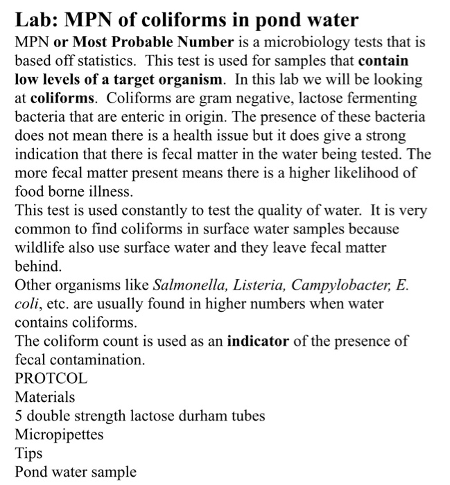 Solved Lab: MPN of coliforms in pond water MPN or Most | Chegg.com