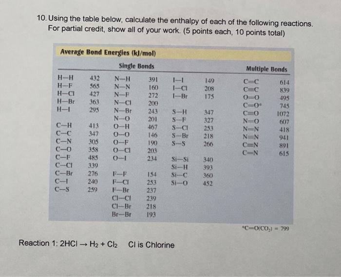 Solved 10. Using the table below, calculate the enthalpy of | Chegg.com