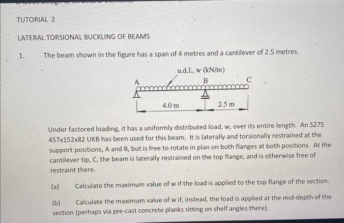 Solved LATERAL TORSIONAL BUCKLING OF BEAMS 1. The beam shown | Chegg.com