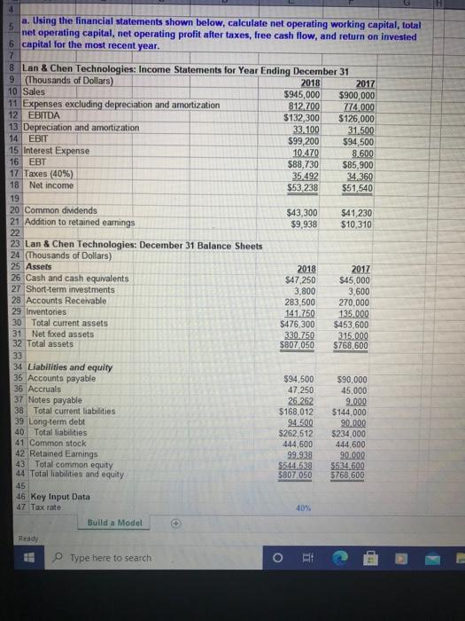 Solved 4 a. Using the financial statements shown below, | Chegg.com