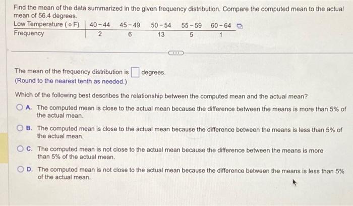 Solved Find the mean of the data summarized in the given | Chegg.com