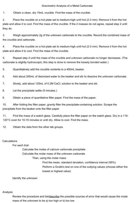Solved Gravimetric Analysis of a Metal Carbonate 1. Obtain a | Chegg.com
