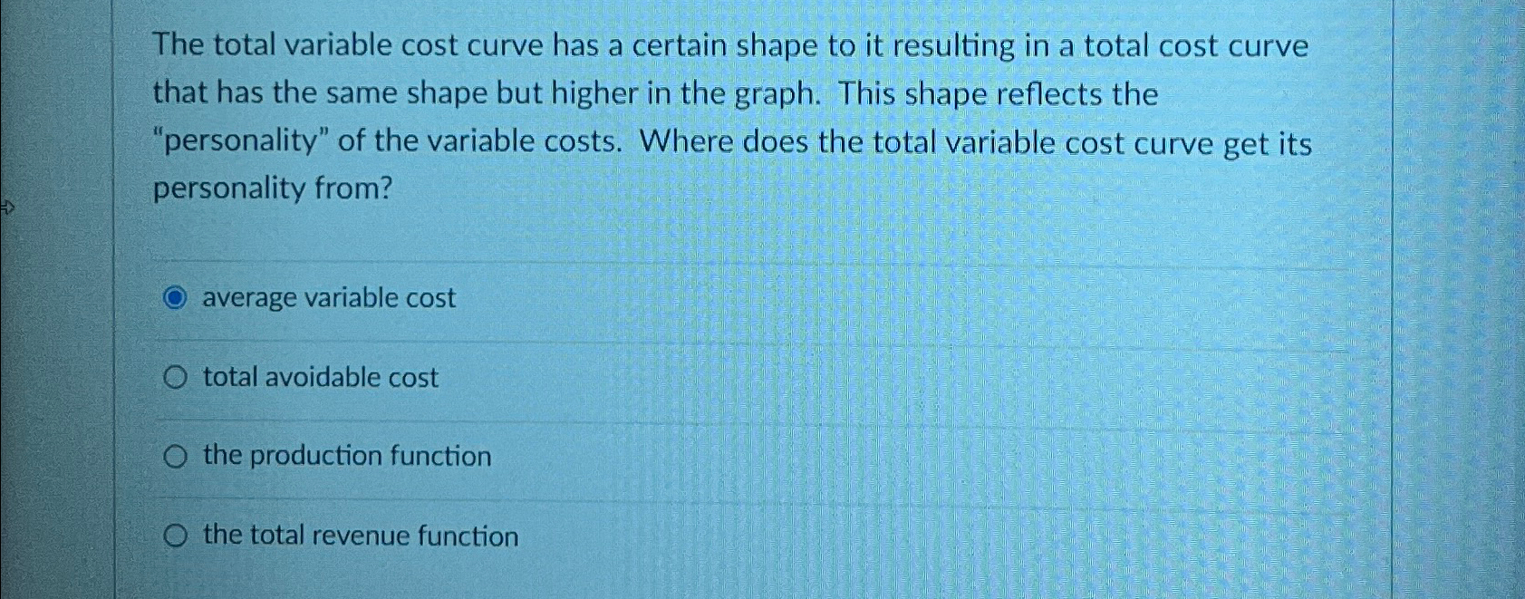 Solved The total variable cost curve has a certain shape to | Chegg.com